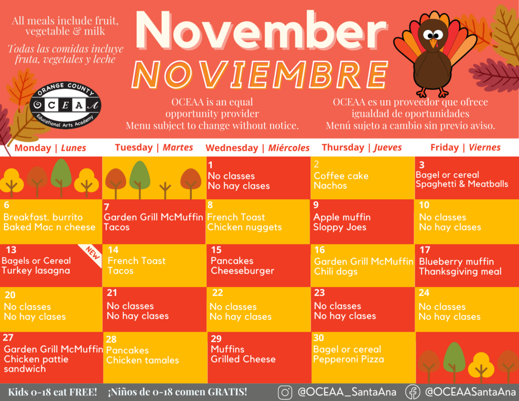 School lunch menu | OCEAA - a Santa Ana charter school
