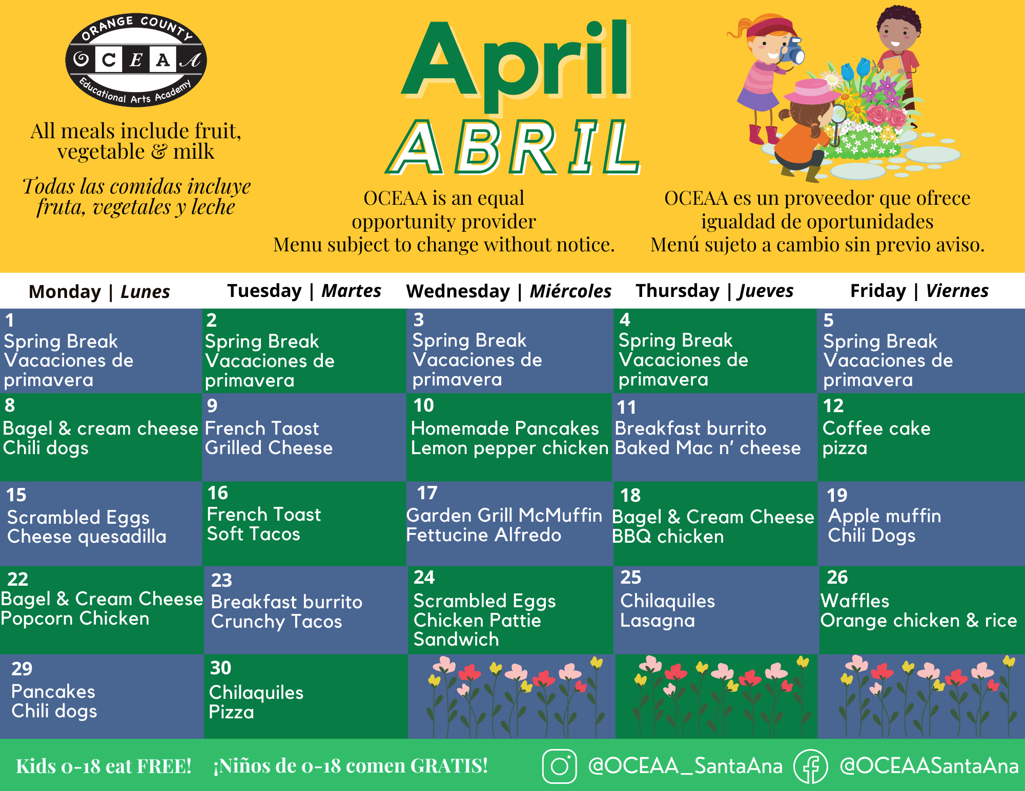 School lunch menu | OCEAA - a Santa Ana charter school