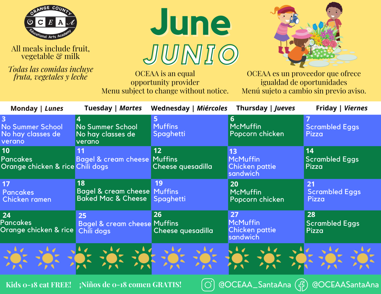 School lunch menu | OCEAA - a Santa Ana charter school